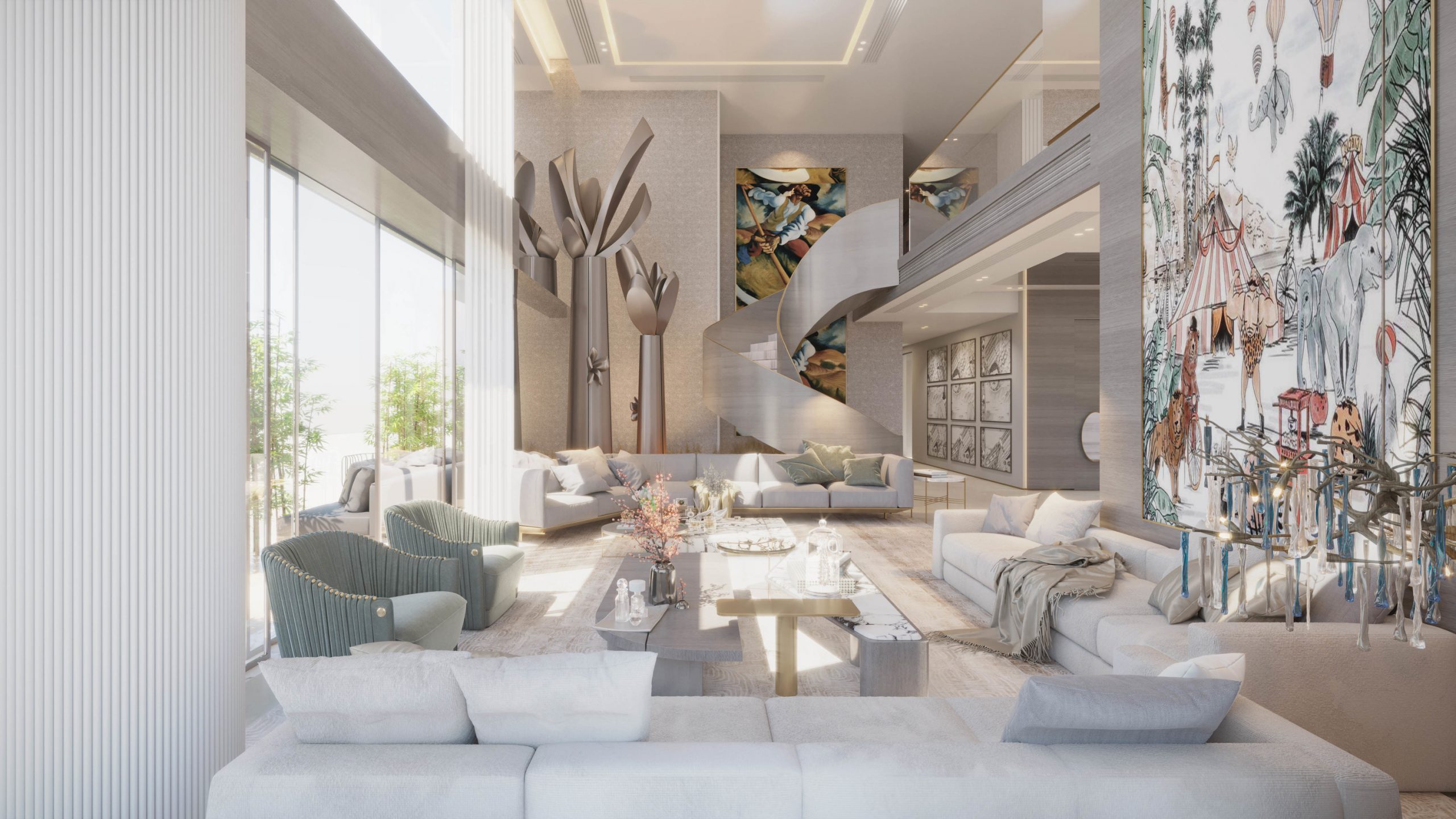 Expansive Luxury Living Rooms with minimalistic and curated furnishings ...