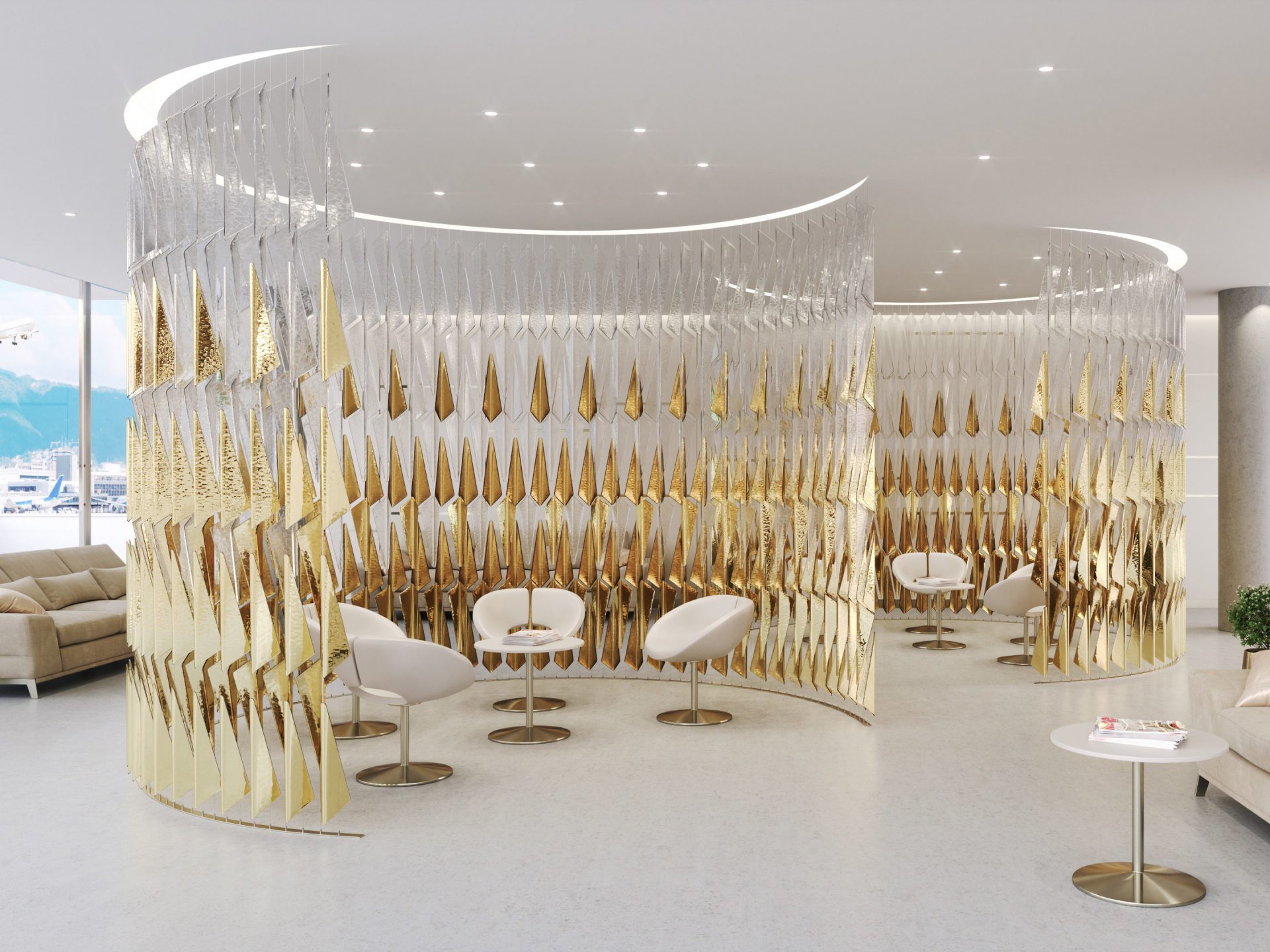 Gold and glass come together to make this light fixture a complex ...